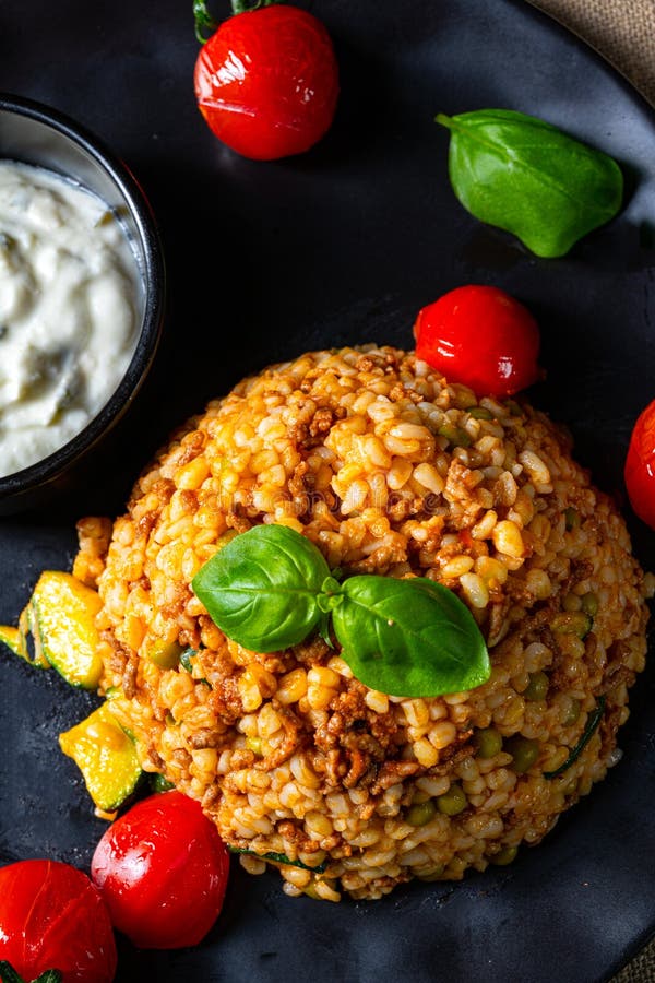Rustic Bulgur Fried with Minced Meat and Vegetables Stock Photo - Image ...