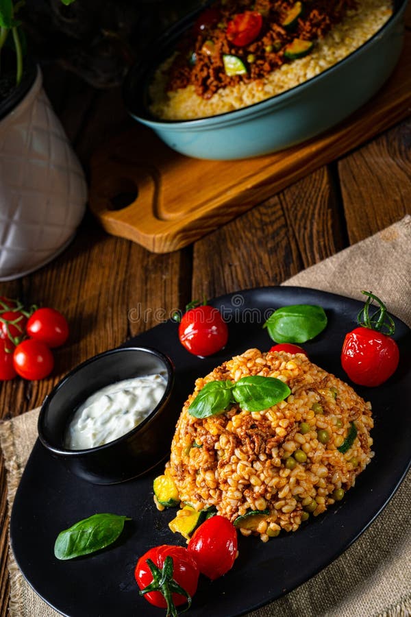 Rustic Bulgur Fried with Minced Meat and Vegetables Stock Photo - Image ...