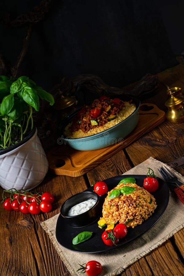 Rustic Bulgur Fried with Minced Meat and Vegetables Stock Photo - Image ...
