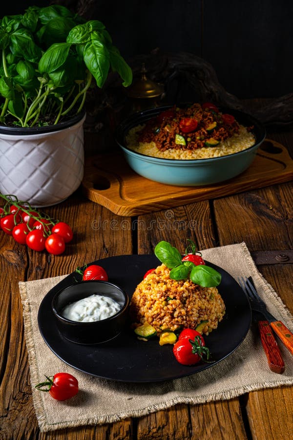 Rustic Bulgur Fried with Minced Meat and Vegetables Stock Image - Image ...