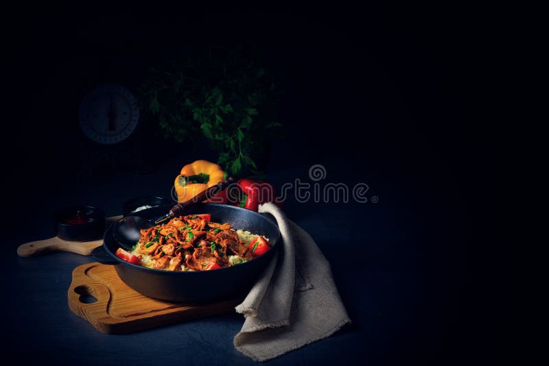 Rustic Bulgur Pans with Gratinated Gyros and Yoghurt Stock Photo ...