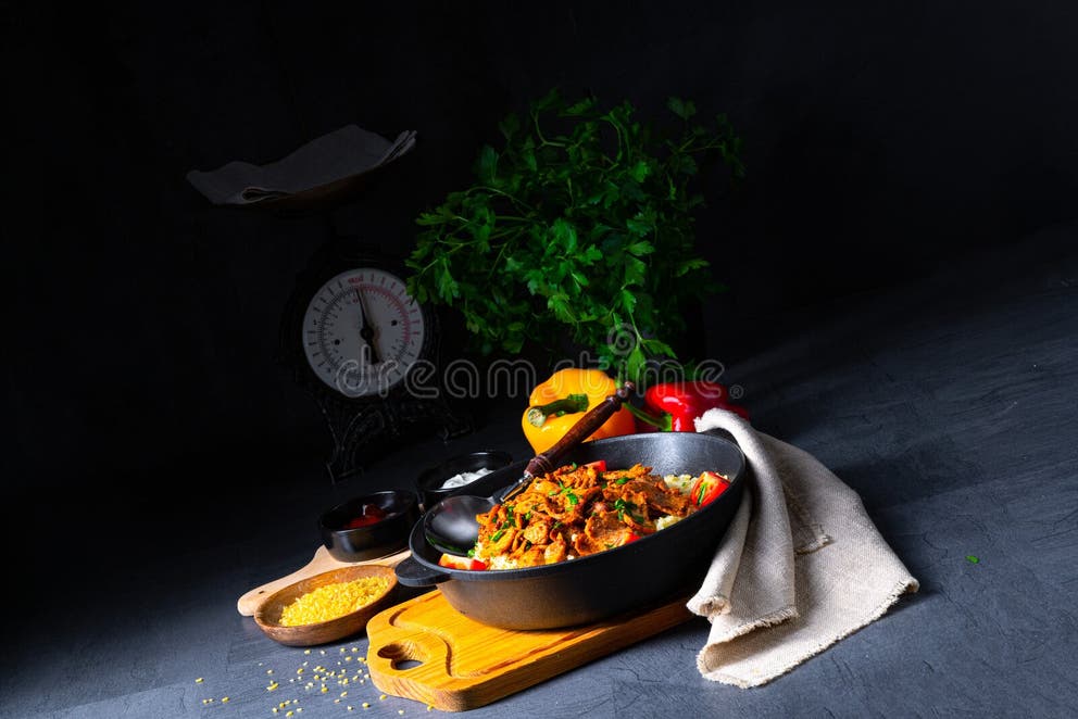 Rustic Bulgur Pans with Gratinated Gyros and Yoghurt Stock Image ...