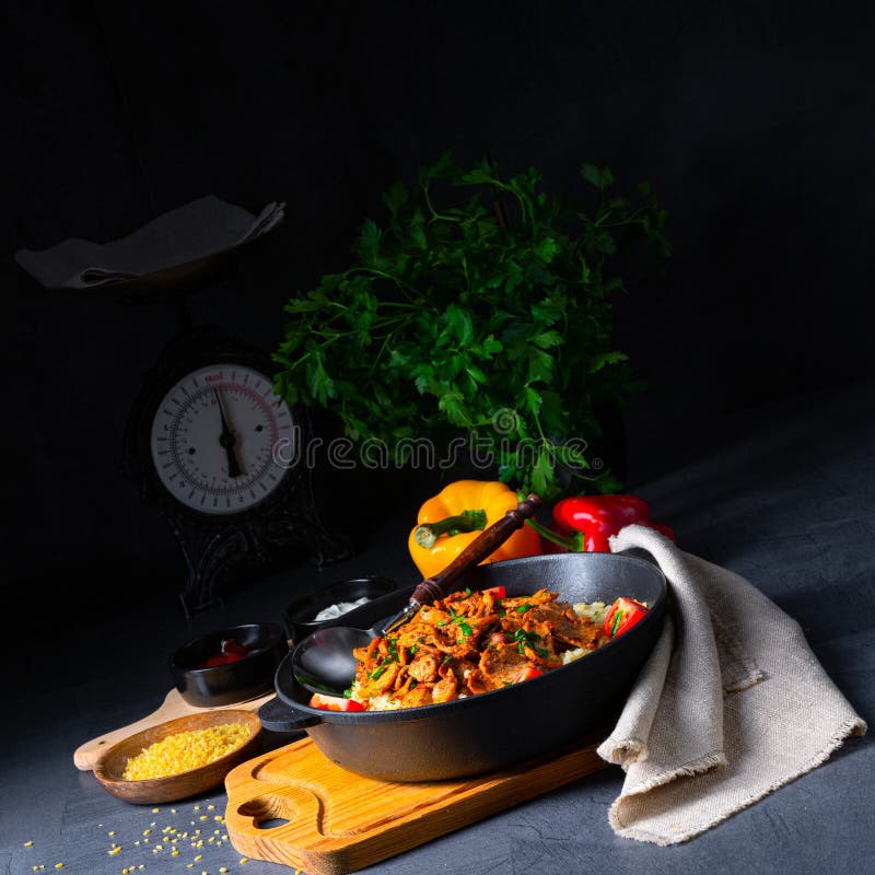 Rustic Bulgur Pans with Gratinated Gyros and Yoghurt Stock Image ...