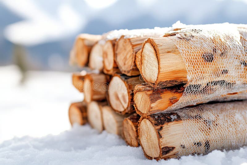 Rustic Firewood Bundle Wrapped in Biodegradable Mesh Surrounded by Snow ...