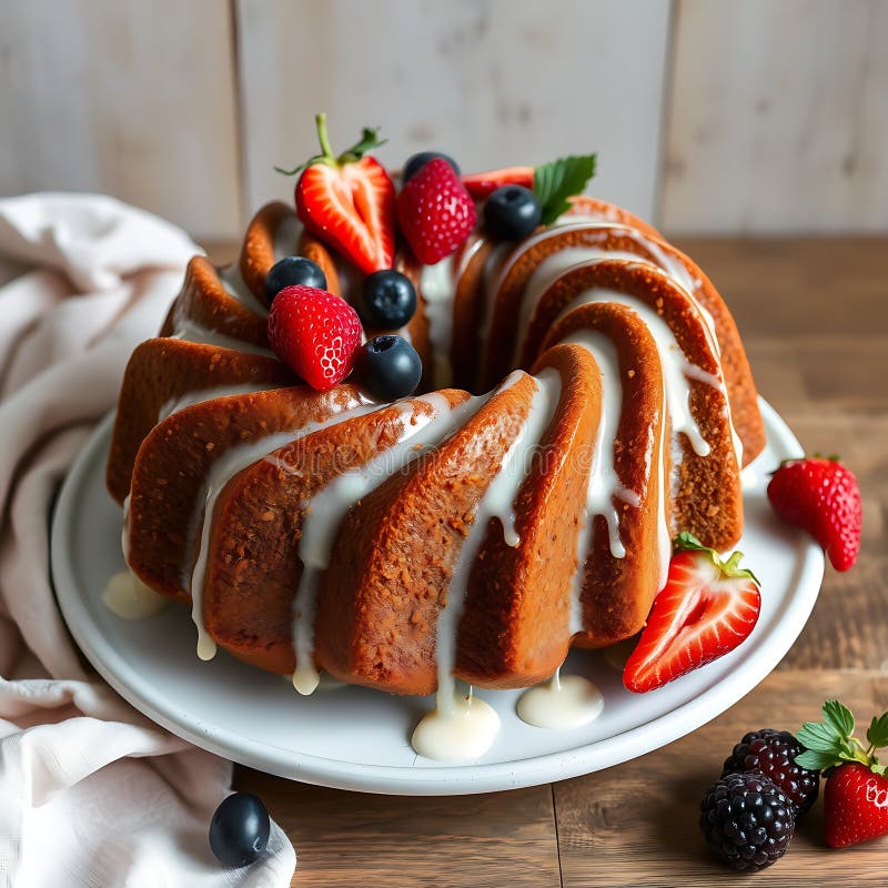 A Rustic Bundt Cake with a Drizzle of Icing and Fresh Fruit Stock ...