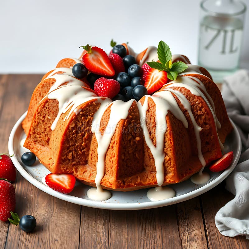 A Rustic Bundt Cake with a Drizzle of Icing and Fresh Fruit Stock ...