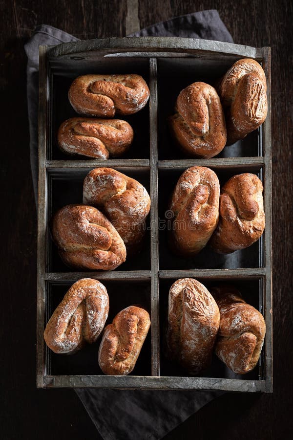 Rustic Buns for Healthy and Tasty Breakfast in Wooden Box Stock Image ...