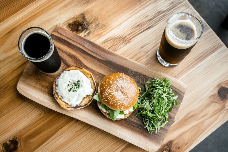 Rustic Burger and Beer Setup with Fresh Greenery on Wooden Table Stock ...