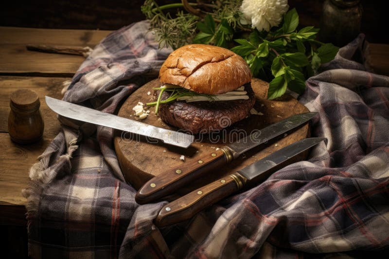 Rustic Burger Setting with a Vintage Knife and Napkin Stock Image ...