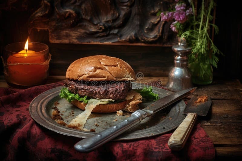 Rustic Burger Setting with a Vintage Knife and Napkin Stock Image ...