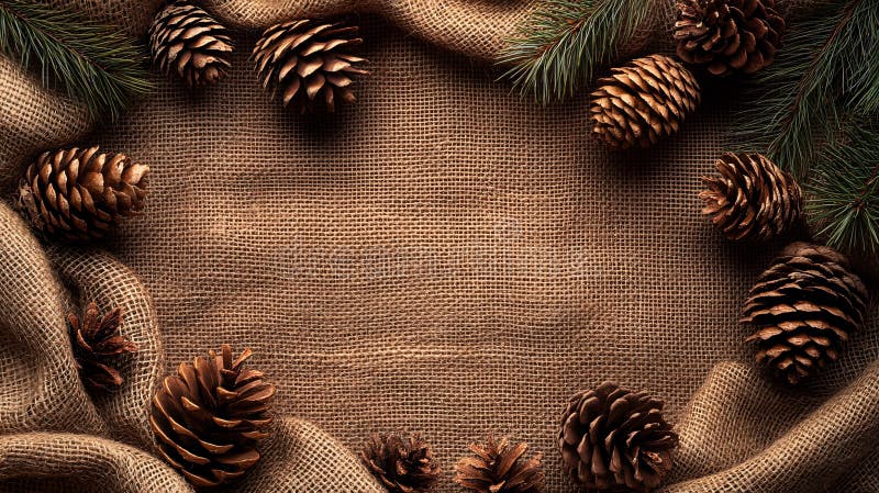 Rustic Burlap Background with Pine Cones Branches Stock Illustration ...