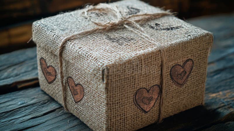 Rustic Burlap Gift Box with Heart Decorations Stock Illustration ...