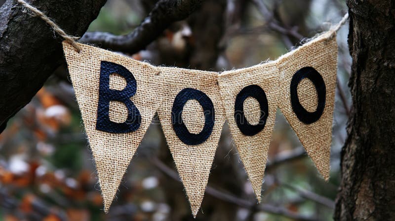 Rustic Burlap Halloween Banner Hanging Outdoors with BOO in Black ...