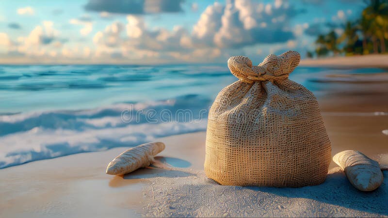 A Rustic Burlap Sack Sitting on a Sandy Beach with Ocean Waves in the ...