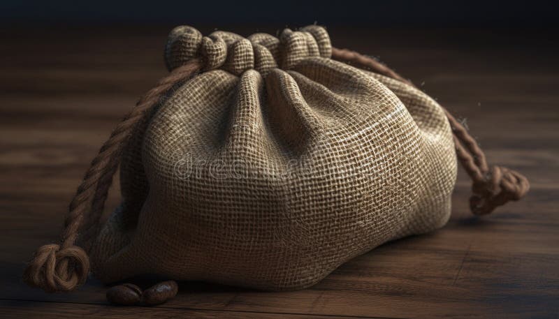 Rustic Burlap Sack Tied with Rough String on Wooden Plank Generated by ...