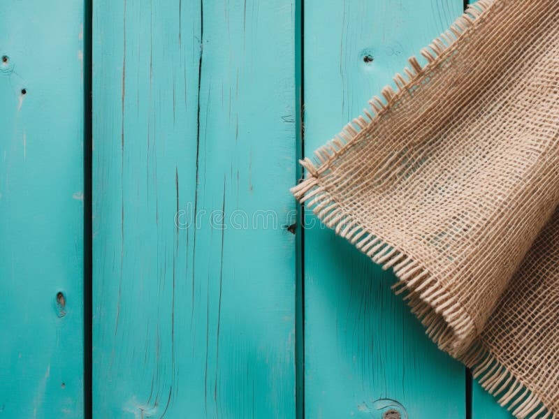 Rustic Burlap Texture on Turquoise Wooden Background Stock Photo ...