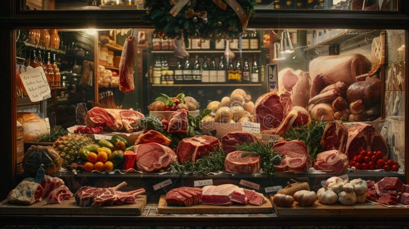 Butcher Shop Display with Various Meats and Fresh Vegetables. the Style ...