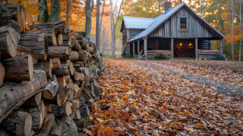 Rustic Cabin in Autumn Forest with Firewood Stack Stock Illustration ...