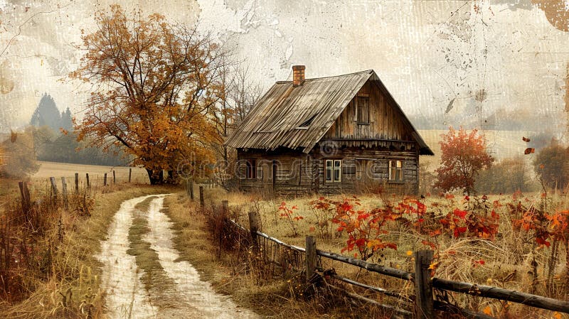 Rustic Cabin and Autumn Path Stock Illustration - Illustration of ...