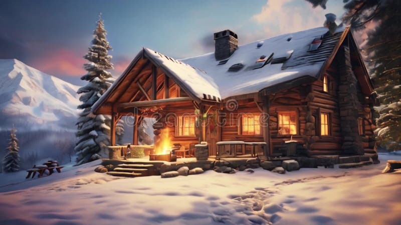 A Rustic Cabin, Blanketed in a Fresh Layer of Snow, with a Warm Fire ...