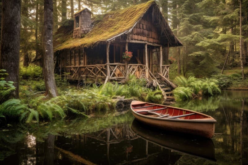 Rustic Cabin with a Canoe Propped Against it Stock Illustration ...