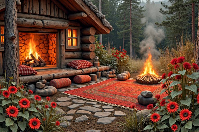 Rustic Cabin with Cozy Fireplace and Outdoor Campfire in Forested ...