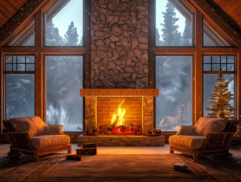Rustic Cabin with Cozy Fireplace and Snowy Forest View Stock ...