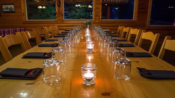Rustic Cabin Dinner Party, Long Table, Candles, Night Stock Image ...