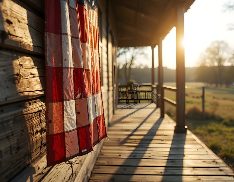 Rustic Cabin Exterior with Checkered Textile and Warm Sunlight ...