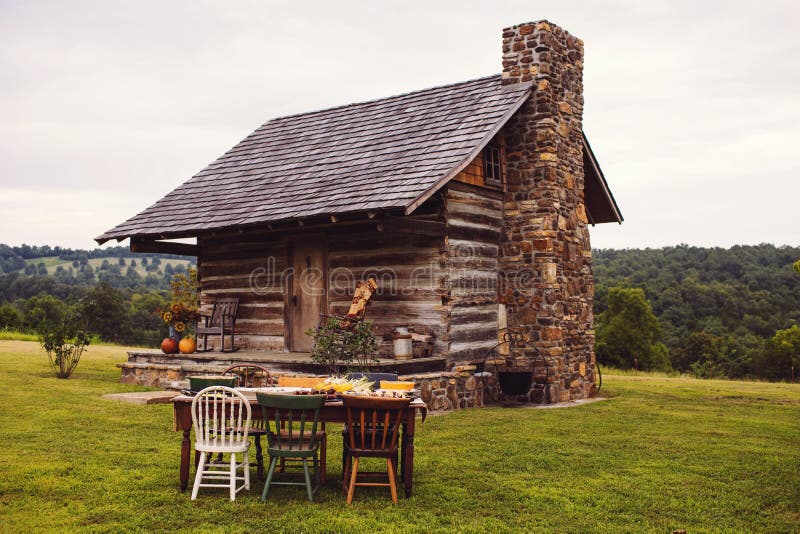 Rustic Cabin Fall Outdoor Dinner Party Stock Image - Image of fall ...