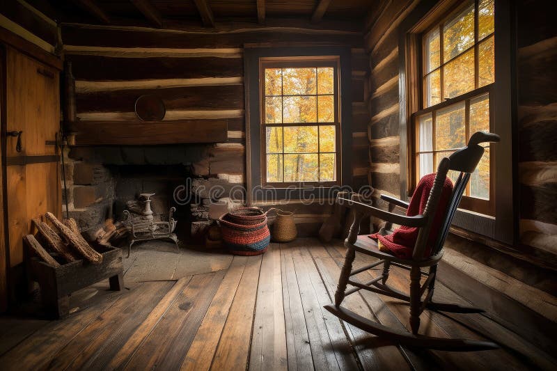 Rustic Cabin with Fireplace, Rocking Chair and Quilt Stock Illustration ...