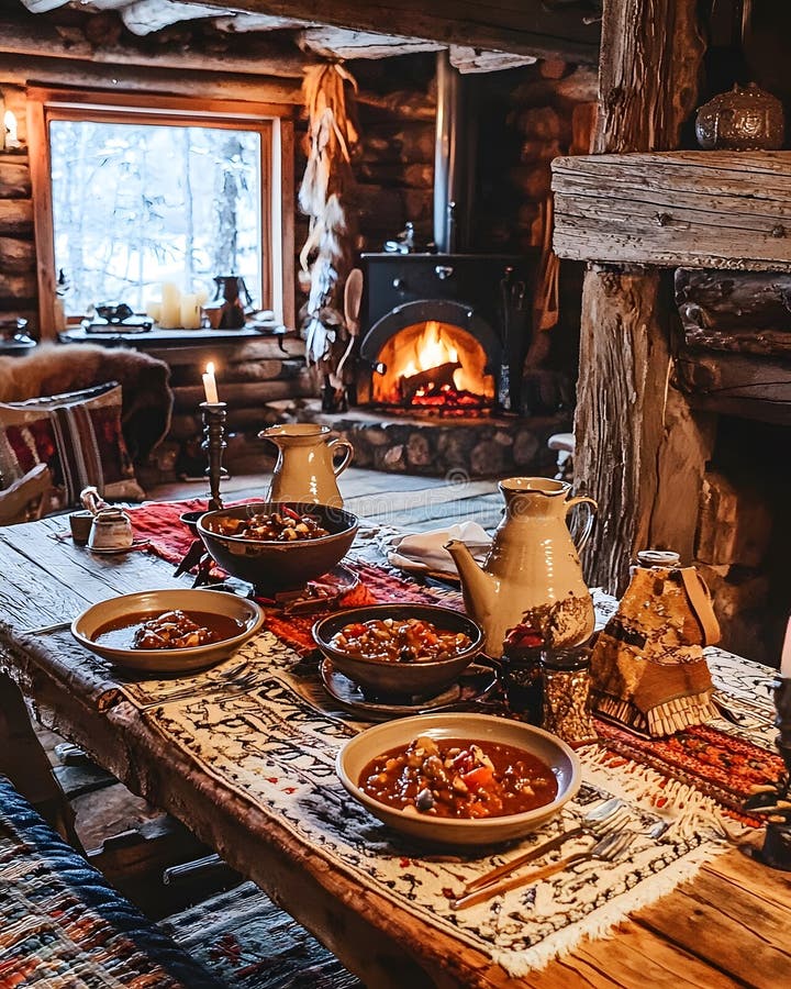 Rustic Cabin with a Fireplace and a Table Set with Bowls of Food Stock ...