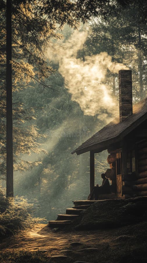 Rustic Cabin in Forest with Smoke in Sunlight Stock Image - Image of ...