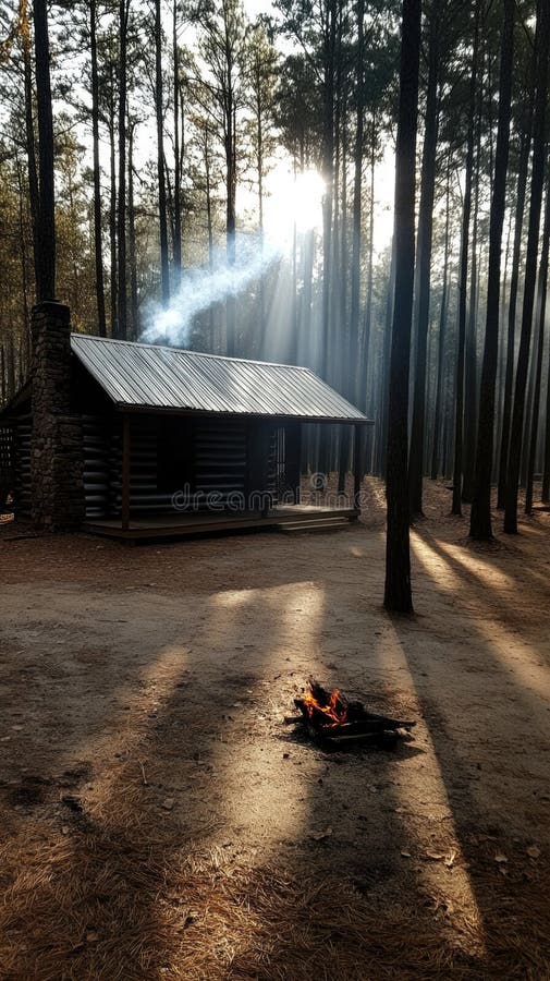 Rustic Cabin in Forest with Smoky Fireplace and Sun Rays Stock Photo ...