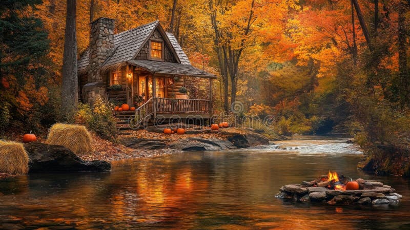 Rustic Cabin by Forest Stream in Autumn Evening with Pumpkins and ...
