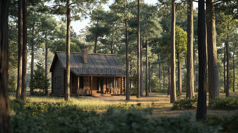 Rustic Cabin Forest Sunrise Tranquil Escape Nature Stock Image - Image ...