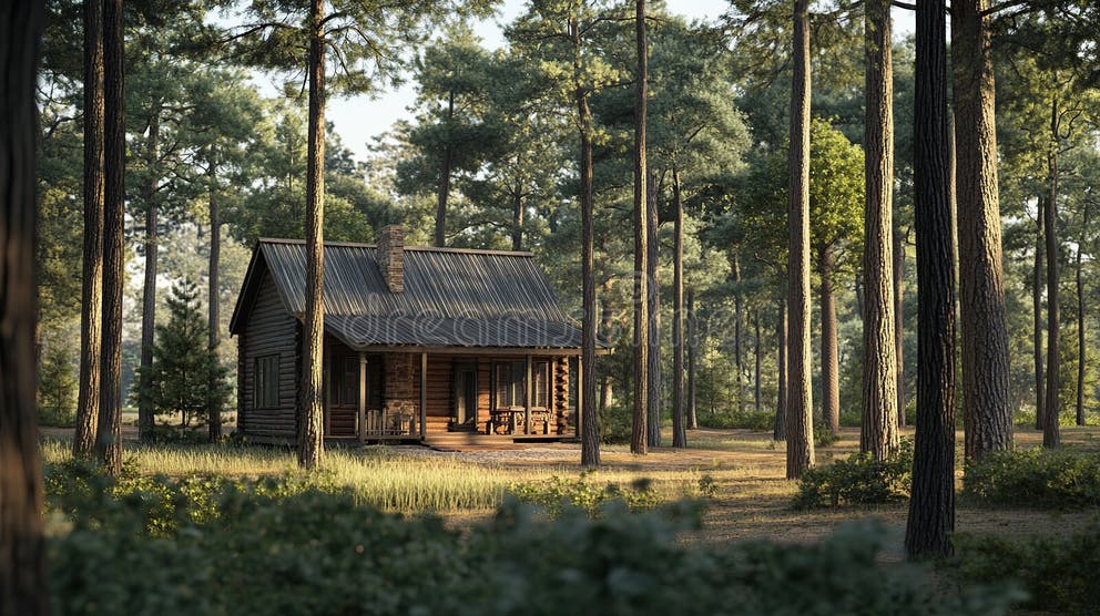 Rustic Cabin Forest Sunrise Tranquil Escape Nature Stock Image - Image ...