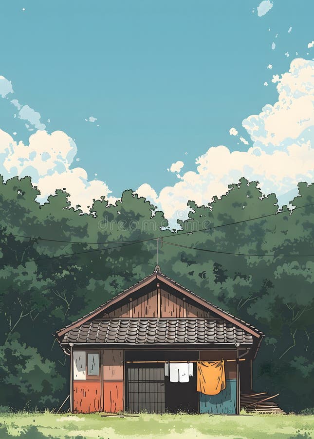 Rustic Cabin in the Forest Under Clear Blue Sky with White Clouds Stock ...