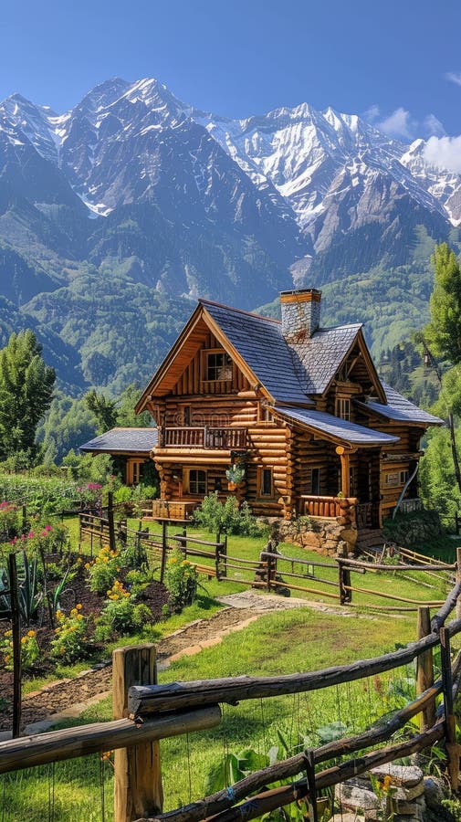 Rustic Cabin with Garden Against Majestic Mountain Backdrop Stock ...