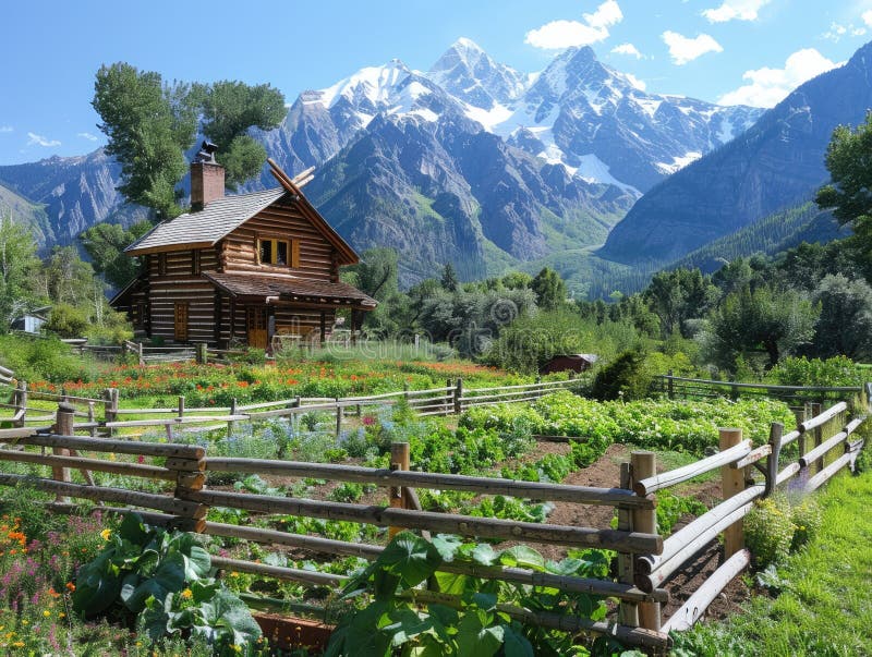 Rustic Cabin with Garden Against Majestic Mountain Backdrop Stock ...