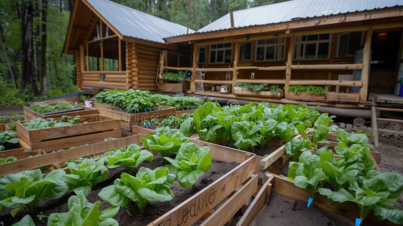 Rustic Cabin Garden with Lush Vegetable Planters in a Forest Setting ...