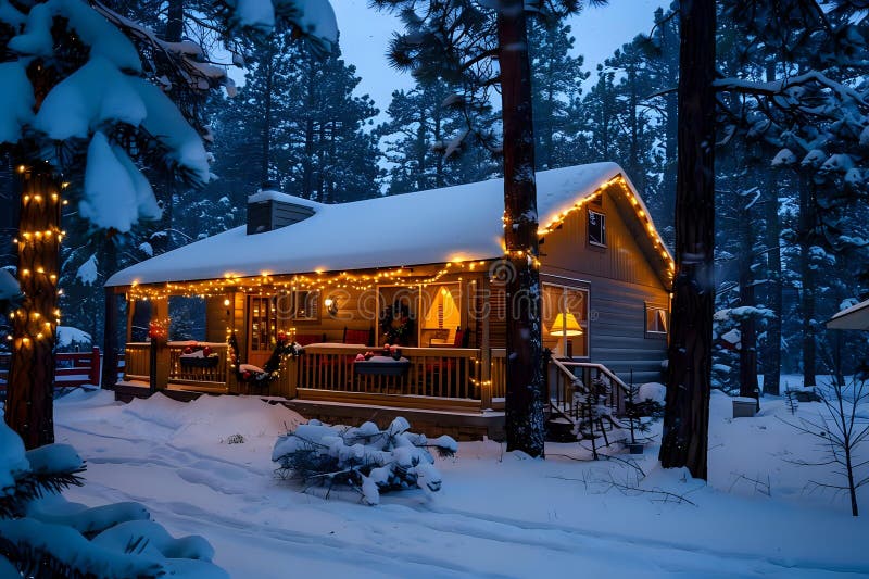 Rustic Cabin Glowing with Christmas Lights in Snowy Pine Forest. Stock ...