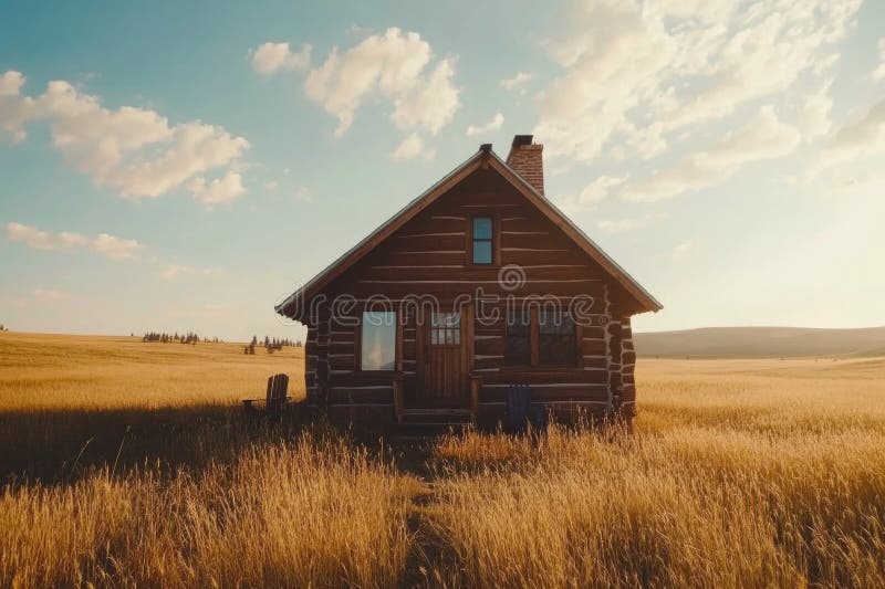 Rustic Cabin in a Golden Wheat Field Under a Cloudy Blue Sky at Sunset ...