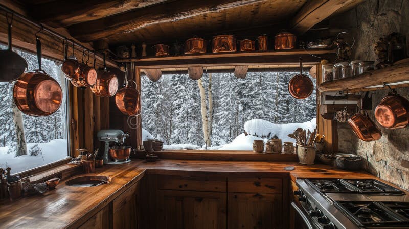 Rustic Cabin Kitchen with Copper Pots and a Snowy Window View Stock ...