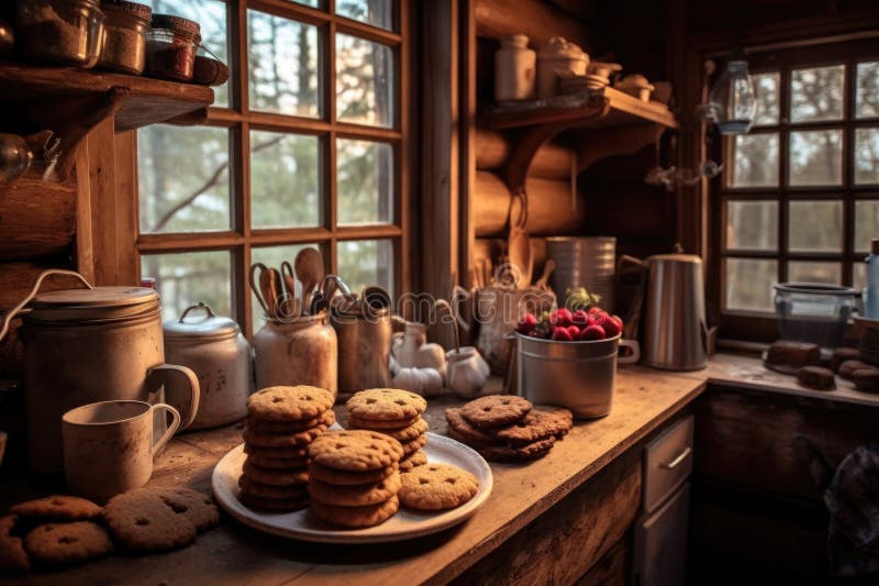 Rustic Cabin Kitchen with Homemade Cookies and Tea Stock Photo - Image ...