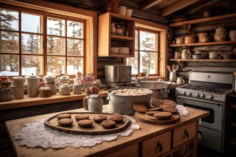 Rustic Cabin Kitchen with Homemade Cookies and Tea Stock Illustration ...