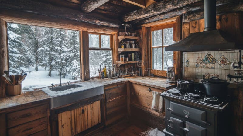 Rustic Cabin Kitchen with Snowy Forest View Stock Illustration ...