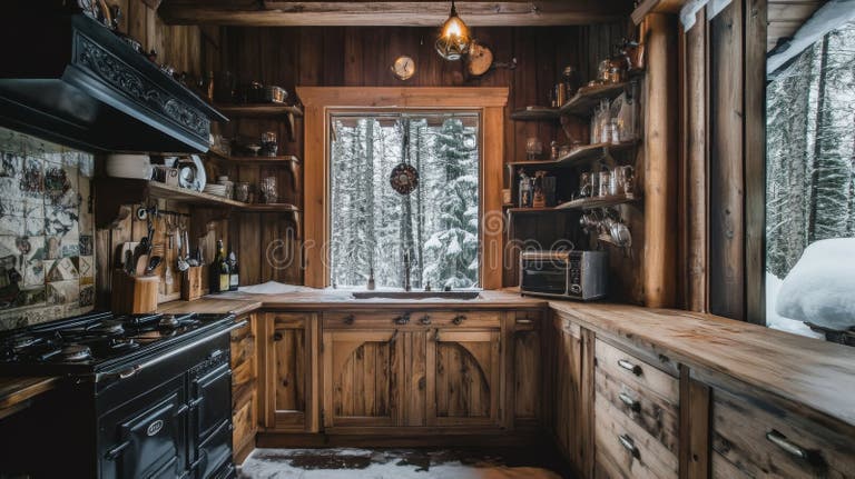 Rustic Cabin Kitchen with Snowy Forest View Stock Illustration ...