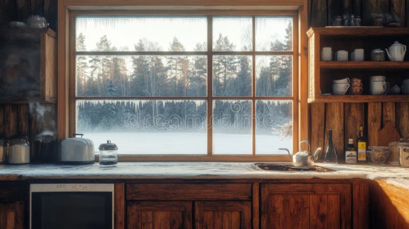 Rustic Cabin Kitchen with Snowy Window View Stock Illustration ...