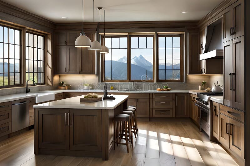 A Rustic Cabin Kitchen with Sunlight Streaming through Stock ...